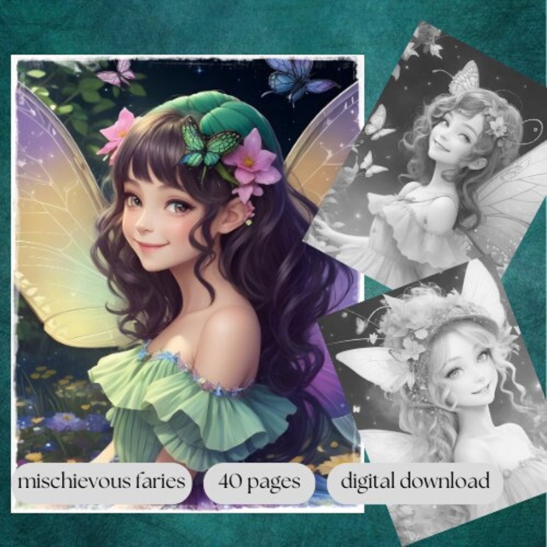 Mischievous Faries/printable Adult Coloring Pages/download Grayscale ...