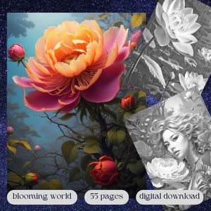 Blooming World /printable Adult Kids Coloring Pages/download Grayscale Grayscale Coloring Pages ...