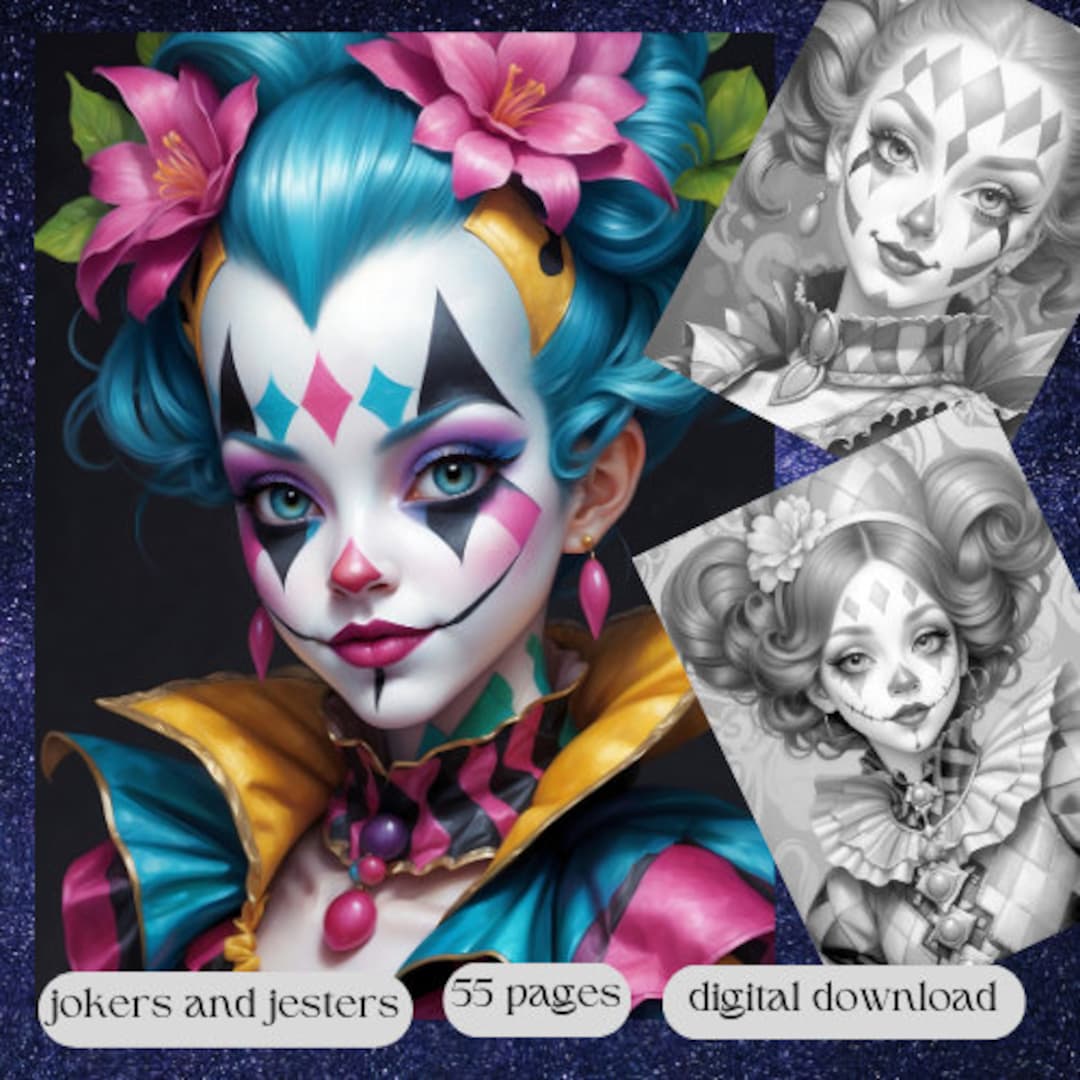 Jokers and Jesters/printable Adult Kids Coloring Pages/download Grayscale Grayscale Coloring ...