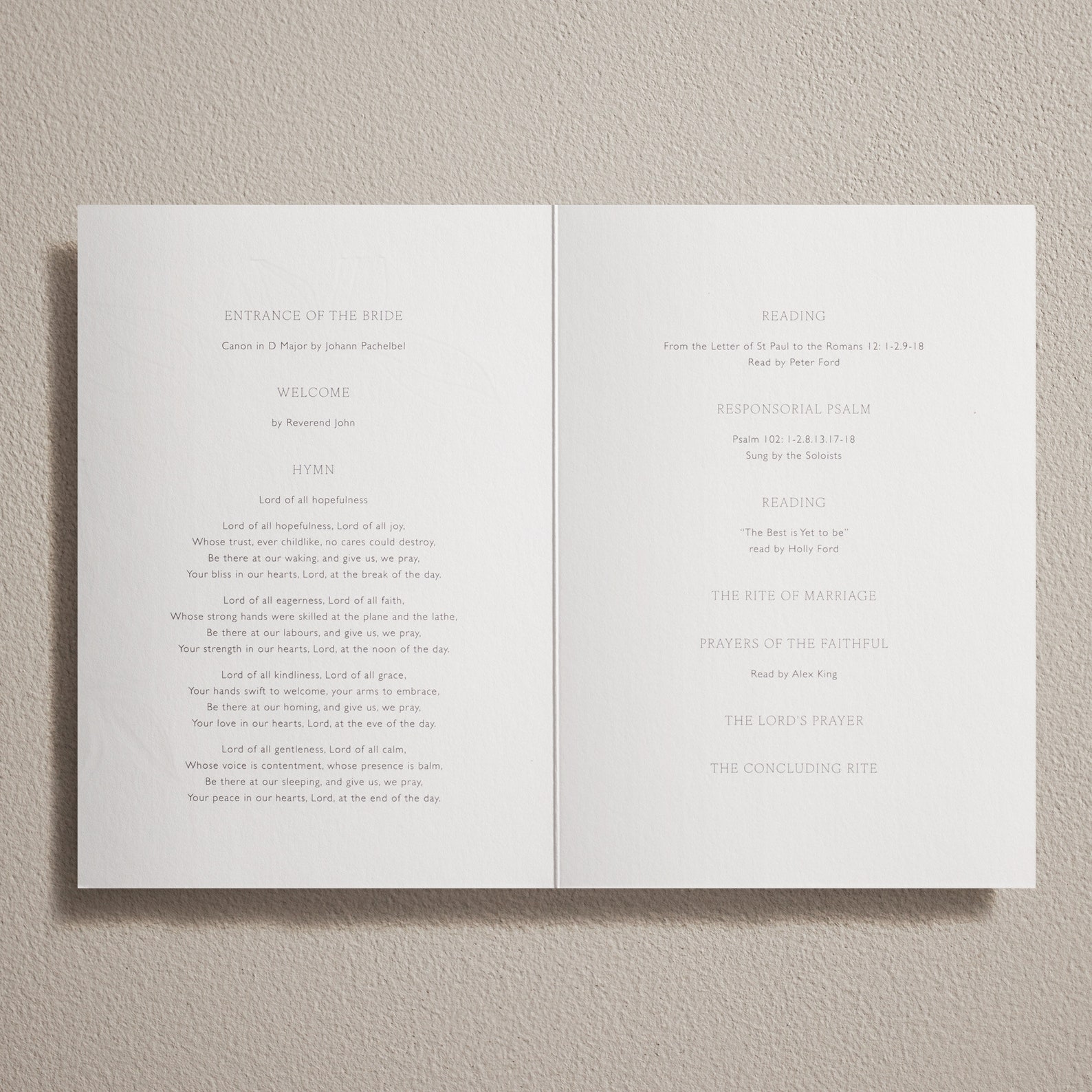 Embossed Wedding Ceremony Program, Personalised Order of Service ...