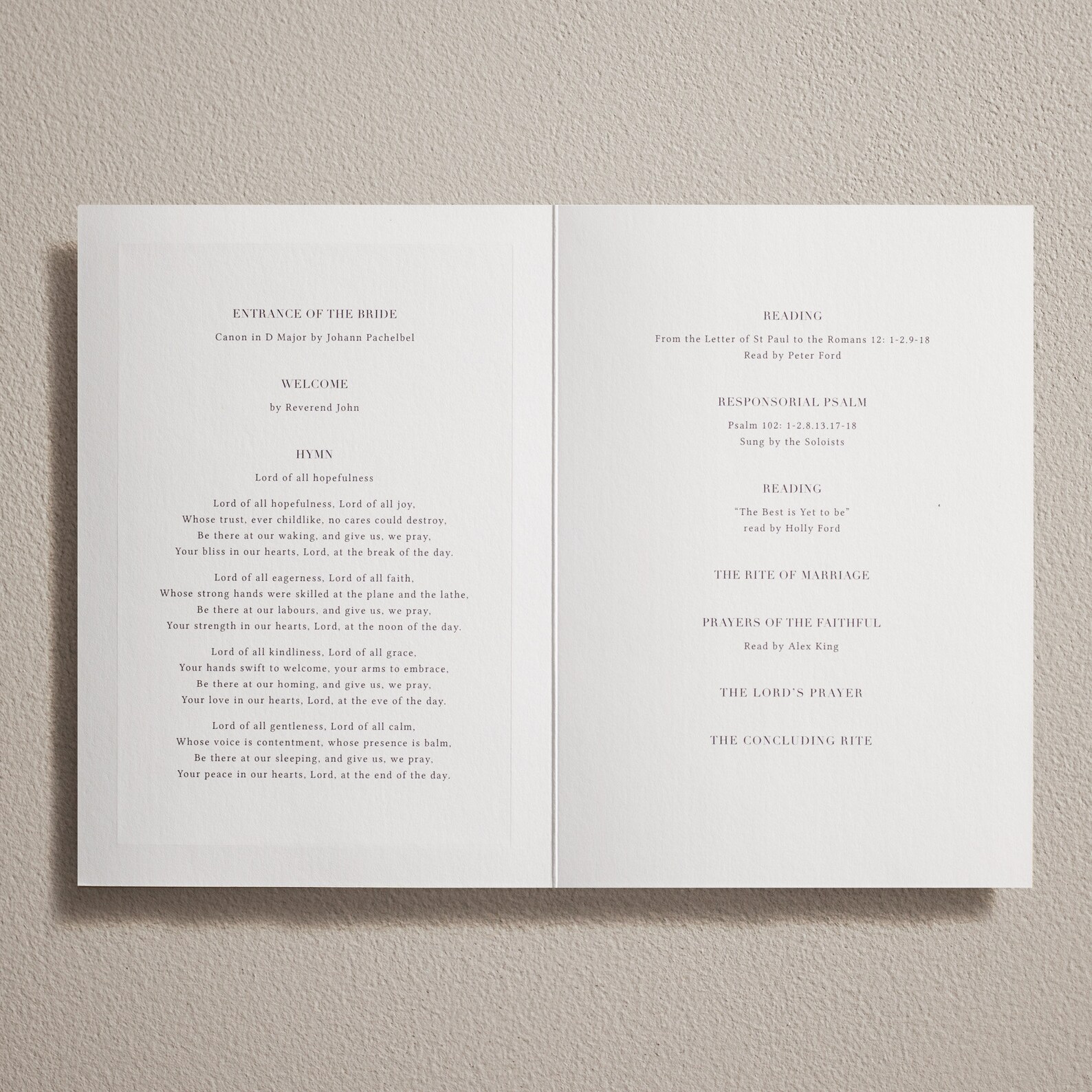 Embossed Wedding Ceremony Program, Personalised Order of Service ...