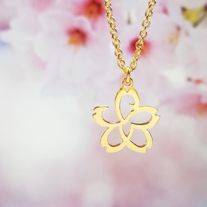 Sakura Japanese Word Necklace, Gold Cherry Blossoms Jewelry, Unique and ...