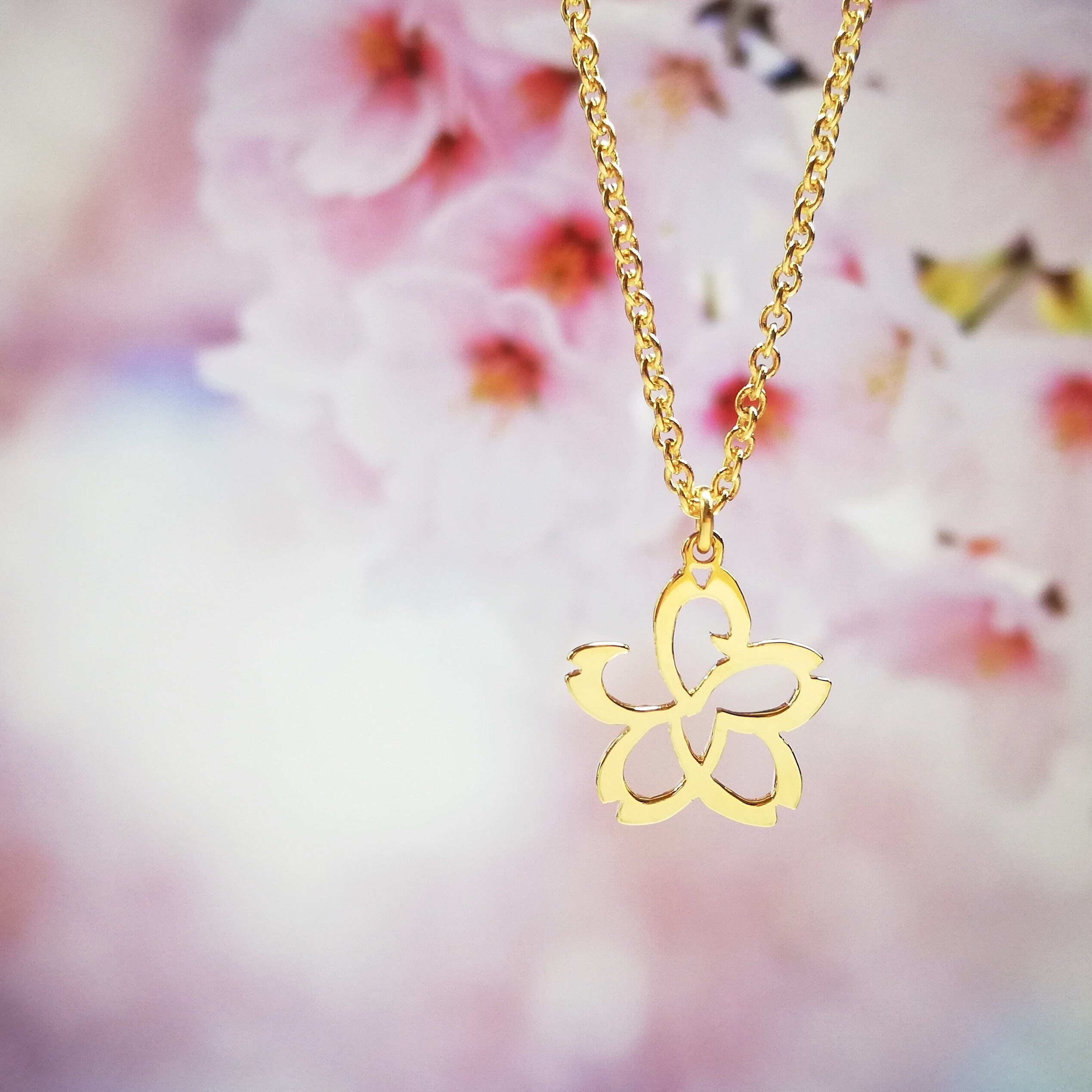 Sakura Japanese Word Necklace, Gold Sakura Flower Jewelry, Unique and ...