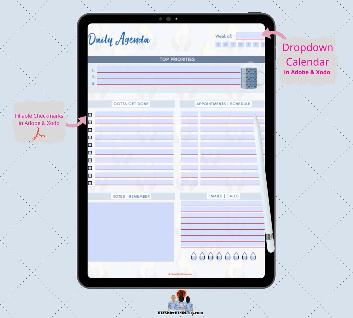 Daily Agenda Fillable Digital Printable | Goodnotes | Adobe Reader ...