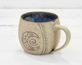 Hand Carved Pottery Coffee or Tea Cup With Moon and Ethnic Ornaments ...