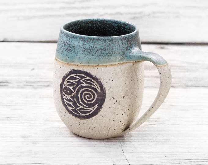 Hand Carved Pottery Coffee or Tea Cup With Moon and Ethnic Ornaments ...
