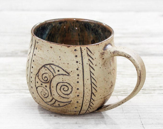 Hand Carved Pottery Coffee or Tea Cup With Moon and Ethnic Ornaments ...