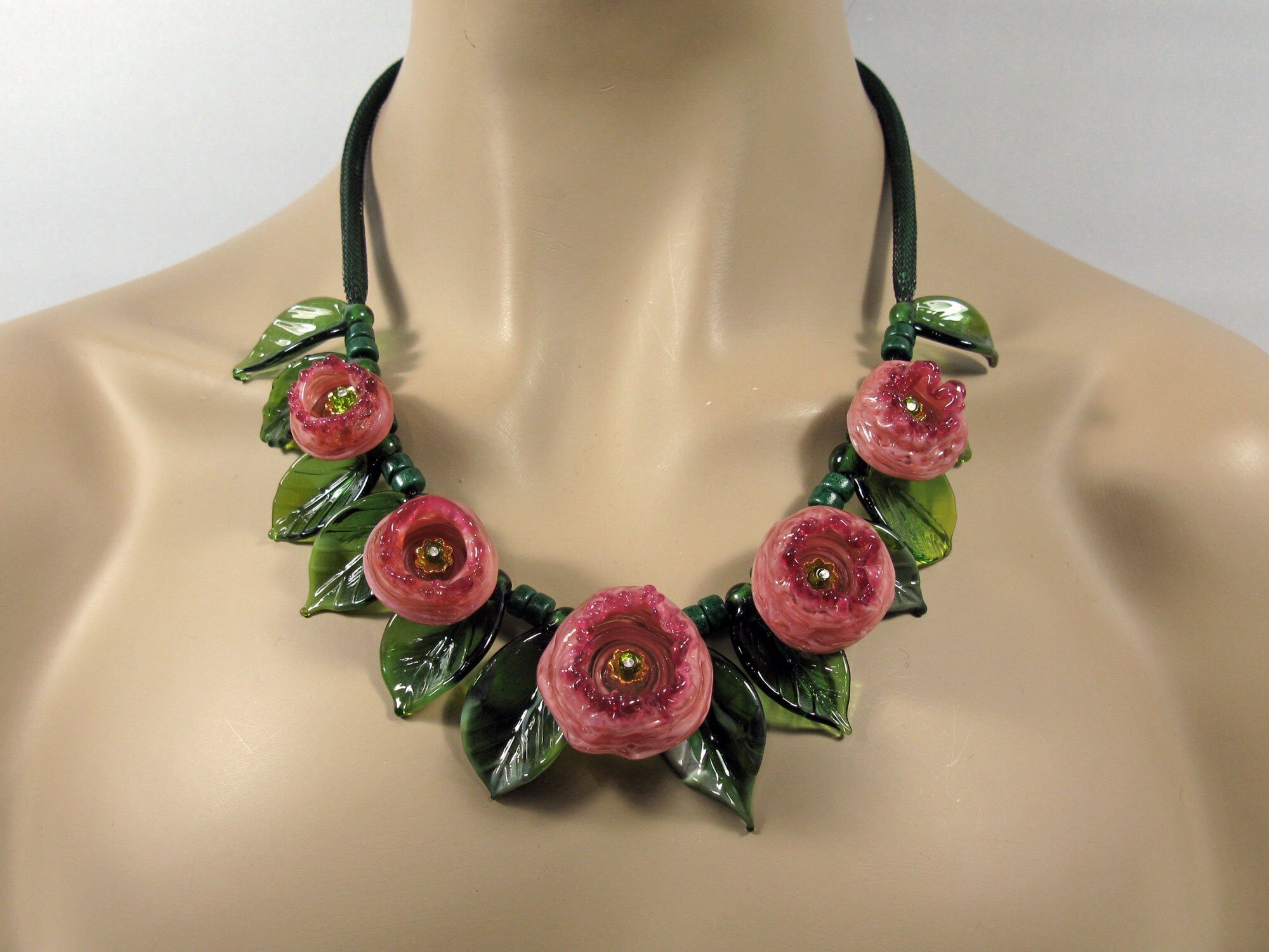 Pink wild rose flower chain with green leaves handmade glass | Etsy