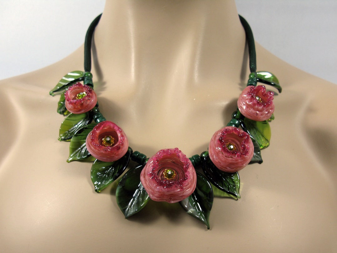 Pink Wild Rose Flower Chain With Green Leaves, Handmade Glass Flowers ...