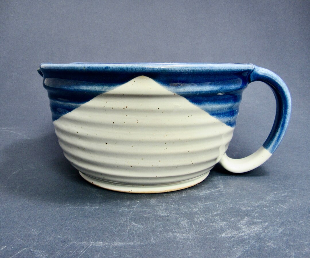 Batter Bowl With Handle and Spout, White and Blue Mixing Bowl With ...