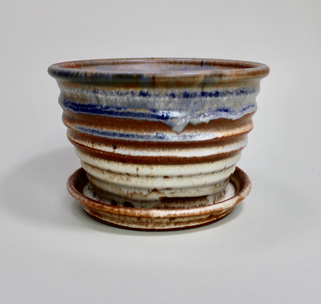 Handmade Stoneware Planter With Drainage Plate: Earthy Beige, Blue and ...