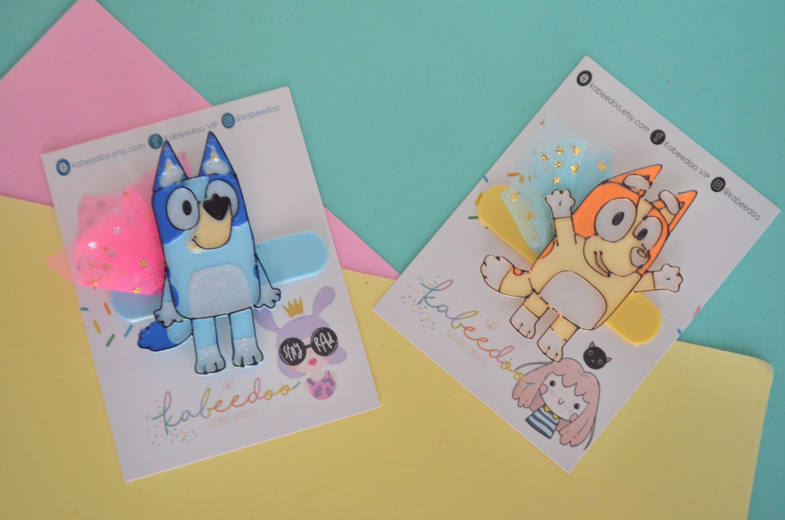 Bluey and Bingo Hair Clips, Blue and Organge Dog Ear Pigtail Bow Set ...