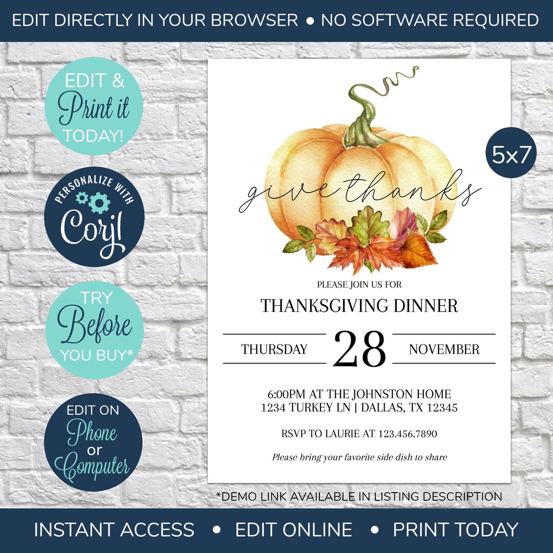 EDITABLE Thanksgiving Party Invitation, Friendsgiving Invitation ...