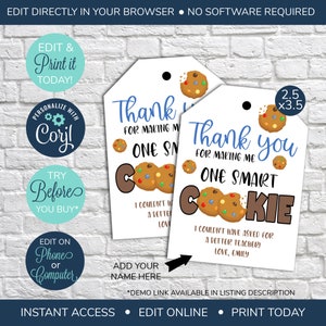 EDITABLE One Smart Cookie Tags, Printable Thank You for Making Me One ...