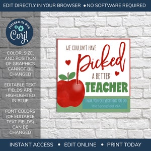 EDITABLE Apple Appreciation Gift Tag, Couldn't Have Picked a Better ...