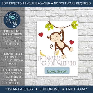 EDITABLE Classroom Valentine's Day Cards, I'm Bananas for You ...