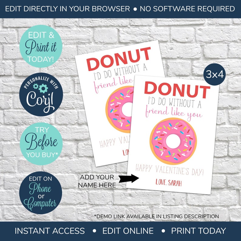 EDITABLE Classroom Valentine's Day Cards Donut Know What | Etsy