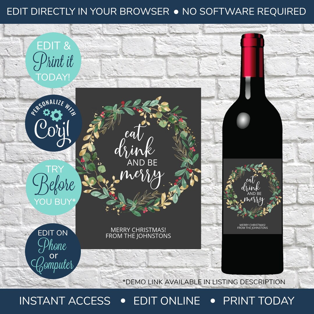 EDITABLE Christmas Wine Label, Eat Drink and Be Merry, Printable Wine ...