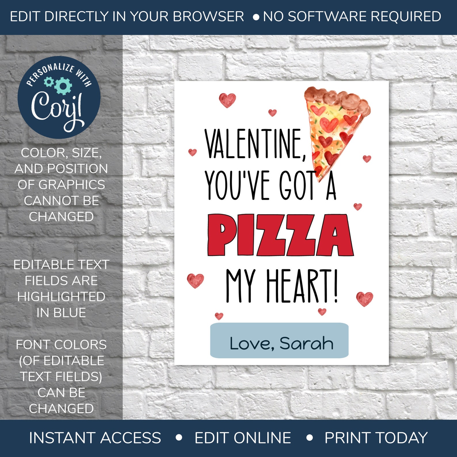 EDITABLE Classroom Valentine's Day Cards Pizza My Heart - Etsy