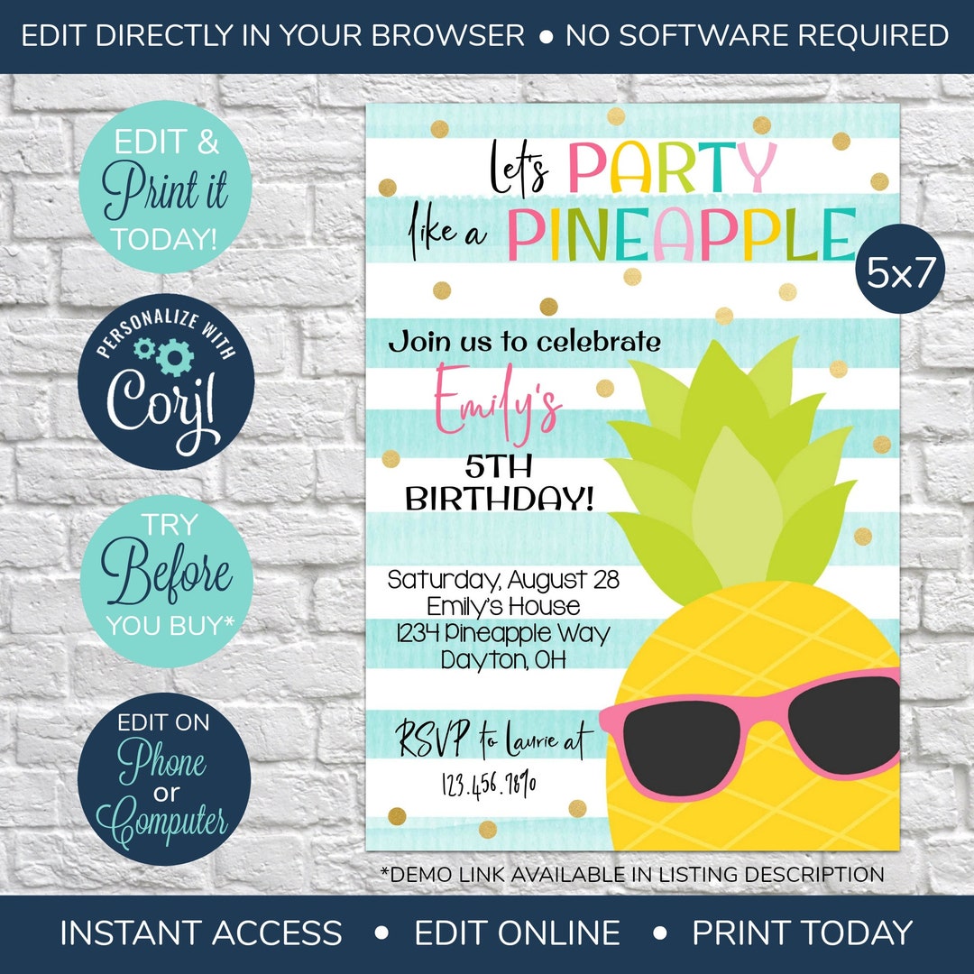 EDITABLE Pineapple Birthday Invitation, Party Like a Pineapple ...