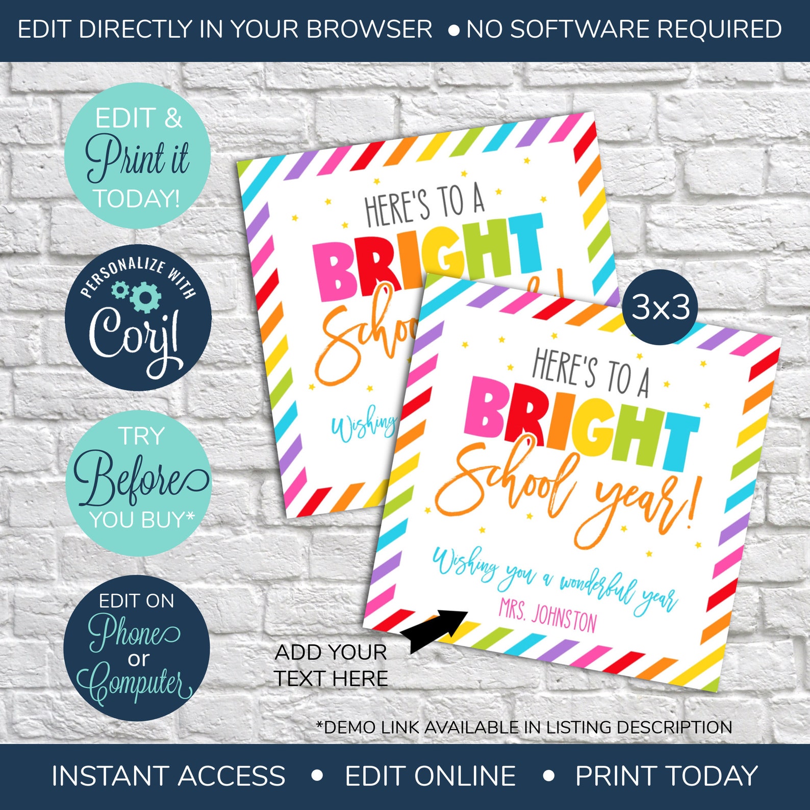 EDITABLE Back to School Teacher Gift Tag Bright School Year - Etsy