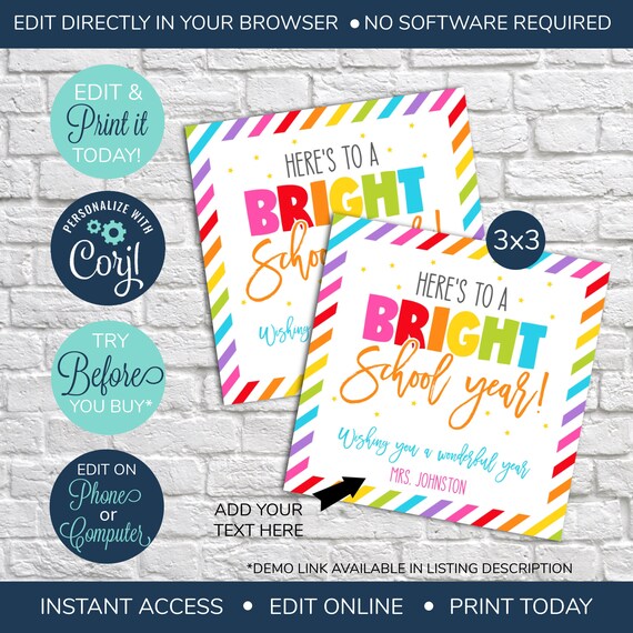 EDITABLE Back to School Teacher Gift Tag Bright School Year - Etsy