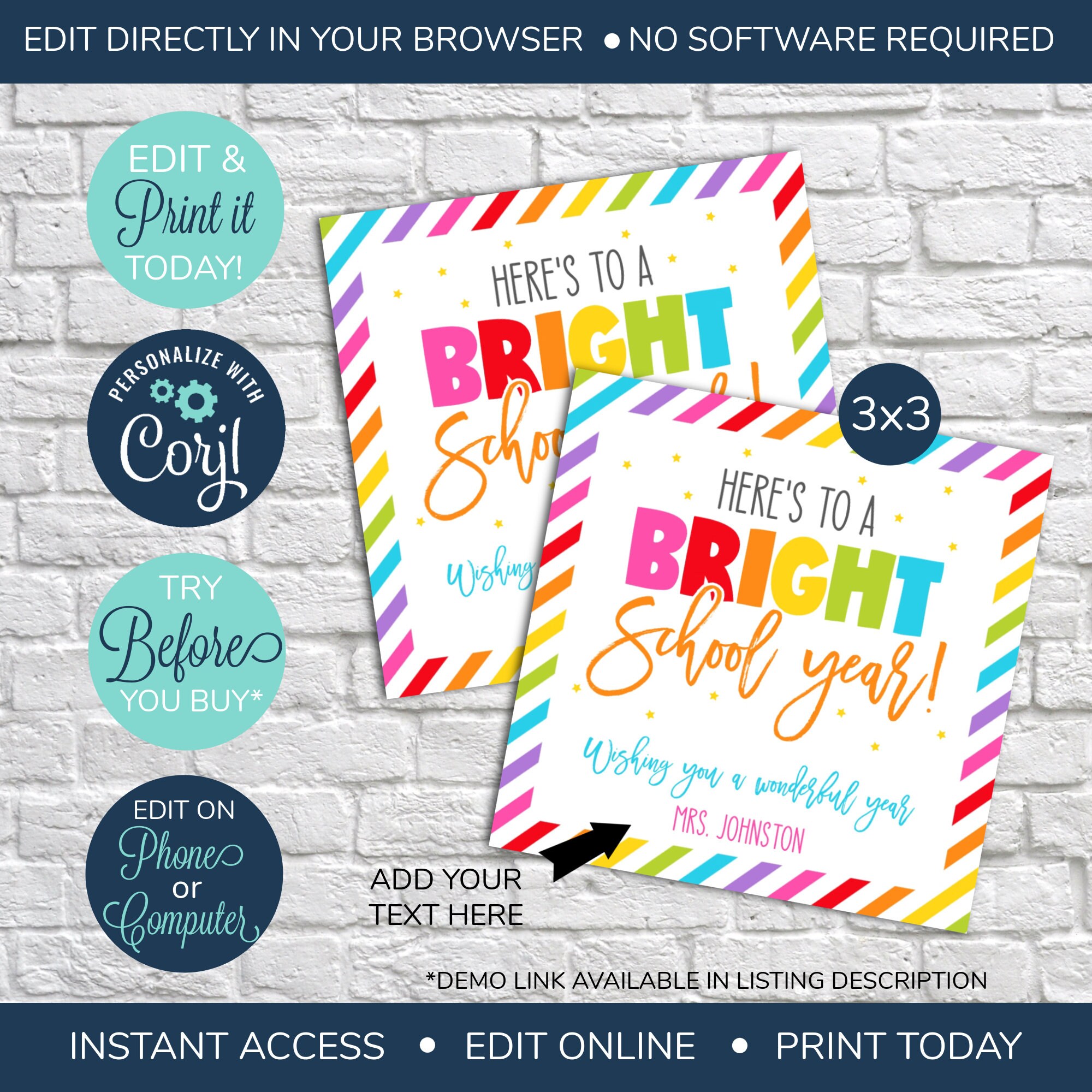 EDITABLE Back to School Teacher Gift Tag Bright School Year - Etsy