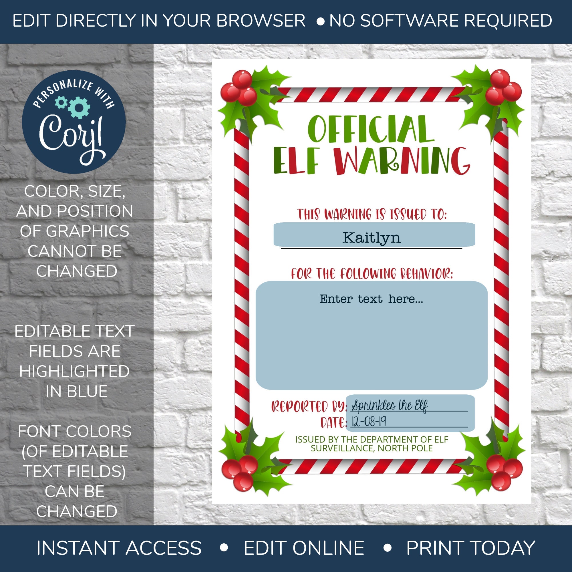 EDITABLE Elf Warning, Official Elf Warning, Elf Surveillance, Christmas ...