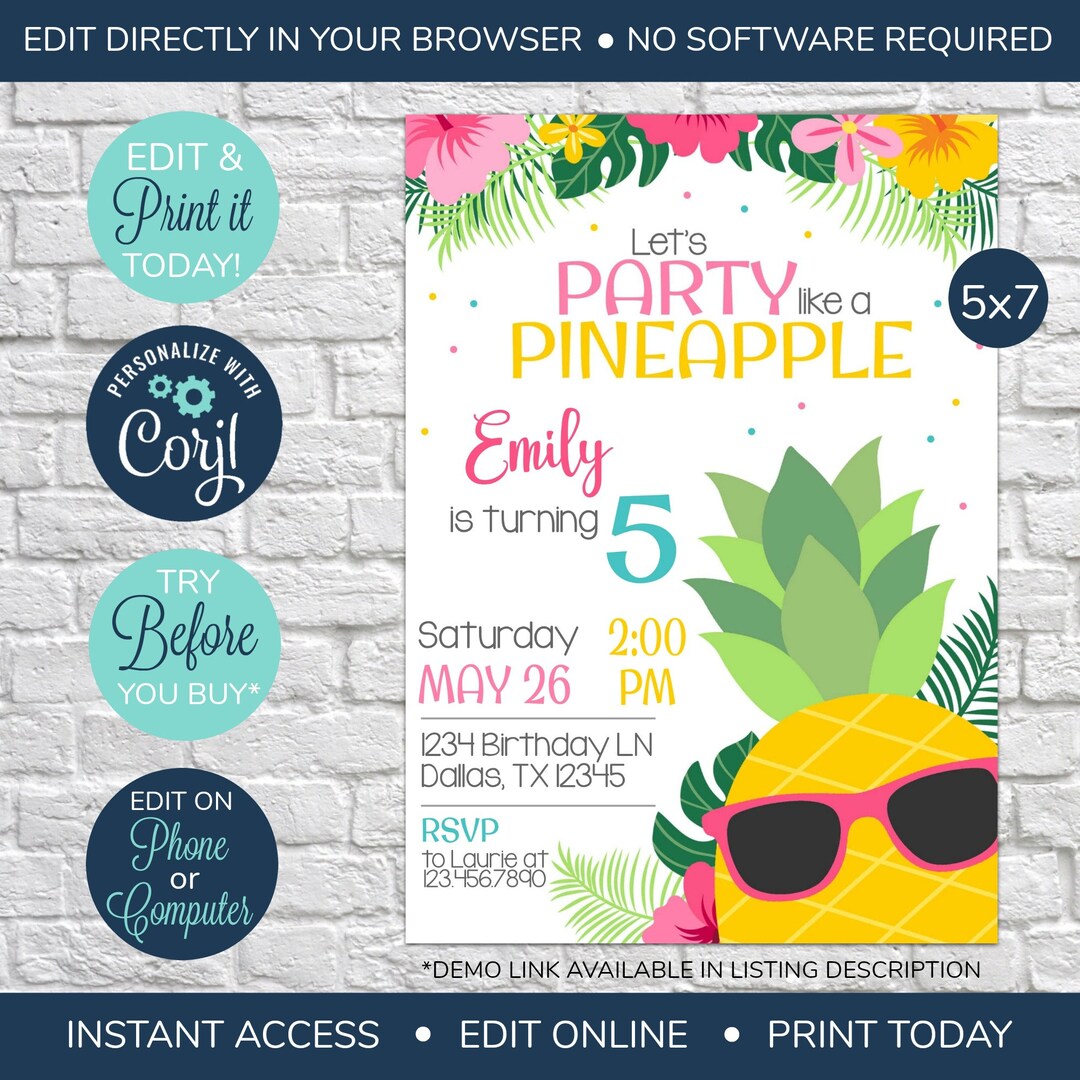 EDITABLE Pineapple Birthday Invitation, Party Like a Pineapple ...