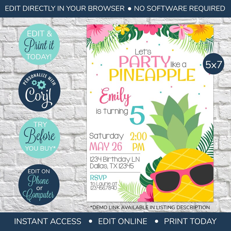 EDITABLE Pineapple Birthday Invitation Party Like a | Etsy