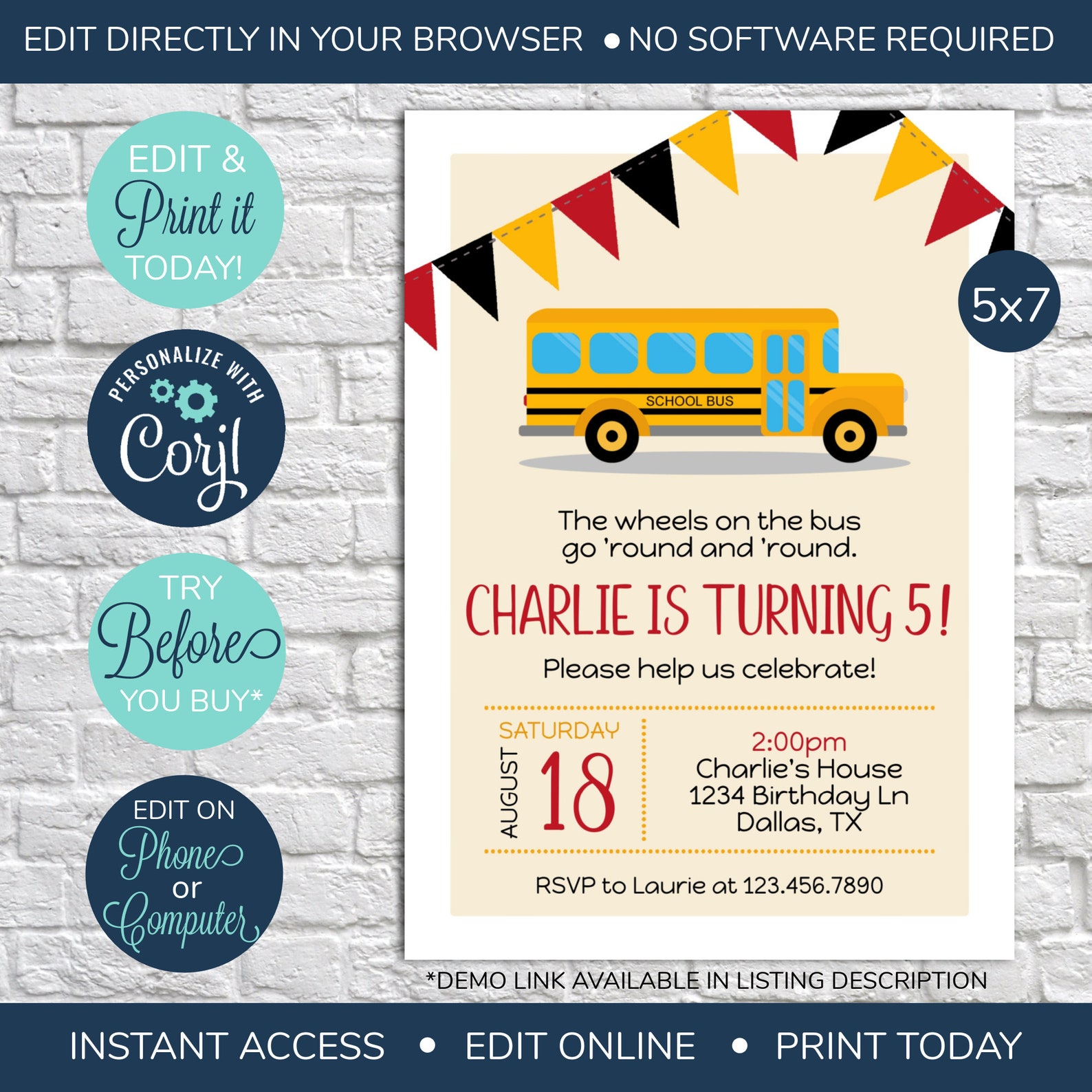 EDITABLE School Bus Invitation Birthday Party Invitation - Etsy