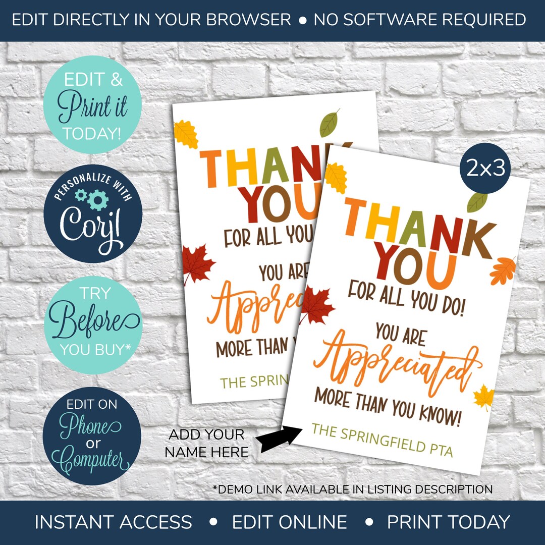 EDITABLE Fall Appreciation Gift Tag, Teacher Staff Employee School ...