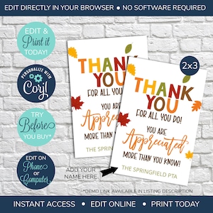 EDITABLE Fall Appreciation Gift Tag Teacher Staff Employee - Etsy