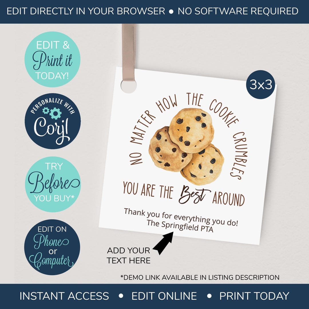 EDITABLE Cookie Appreciation Gift Tag, Teacher Staff Employee School ...