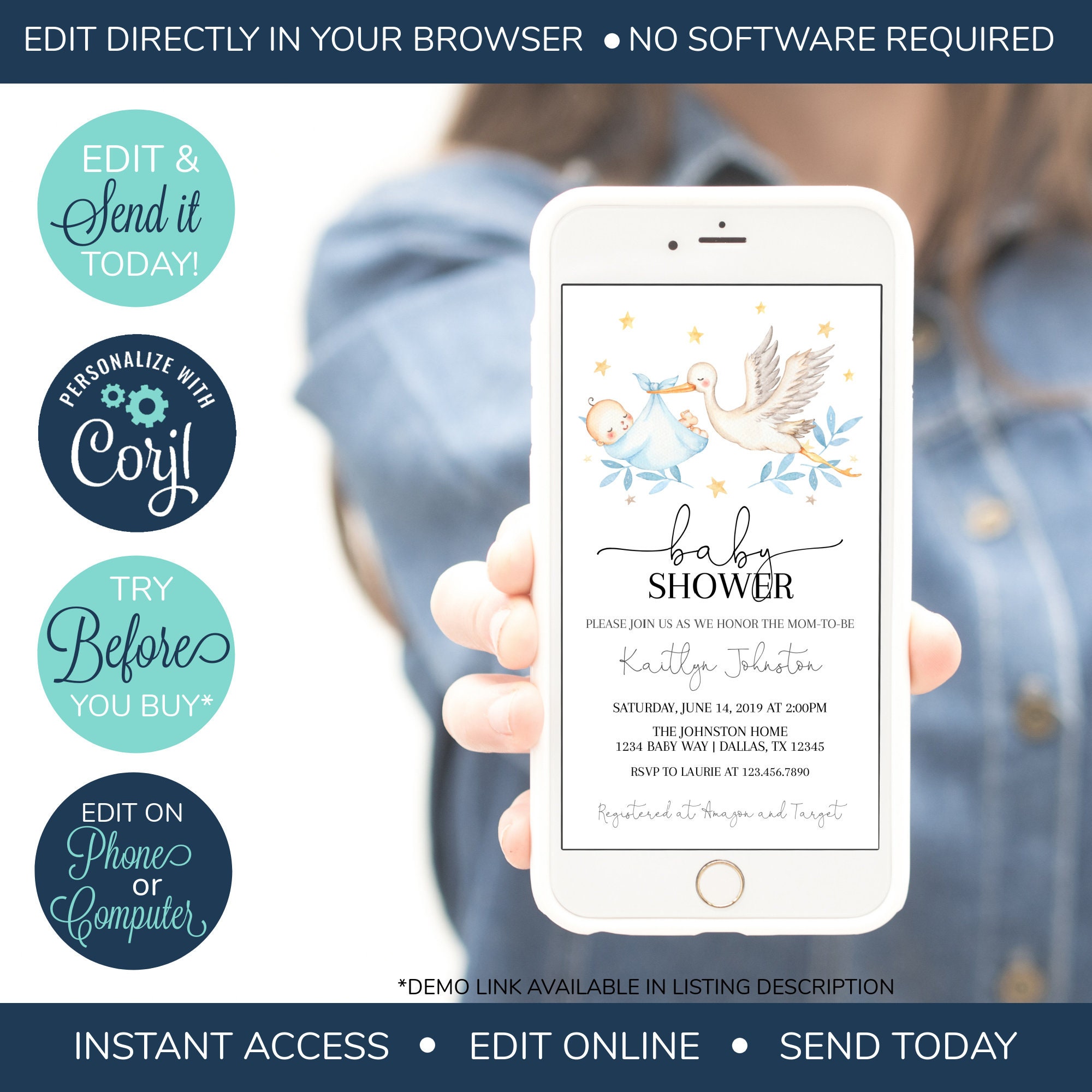 EDITABLE Electronic Baby Shower Invitation Baby Boy Shower | Etsy