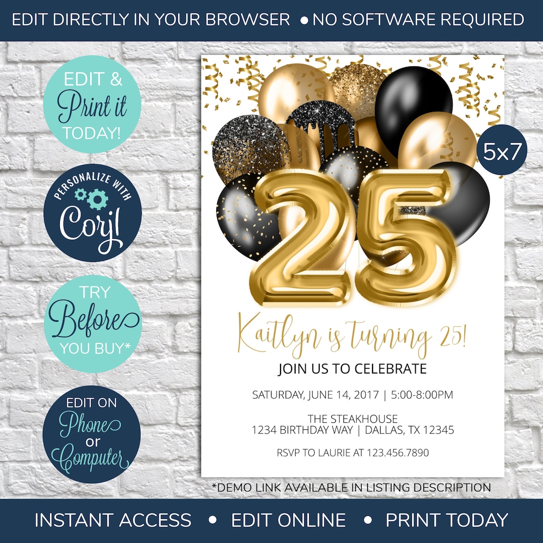 EDITABLE 25th Birthday Invitation, Black and Gold 25th Invitation ...