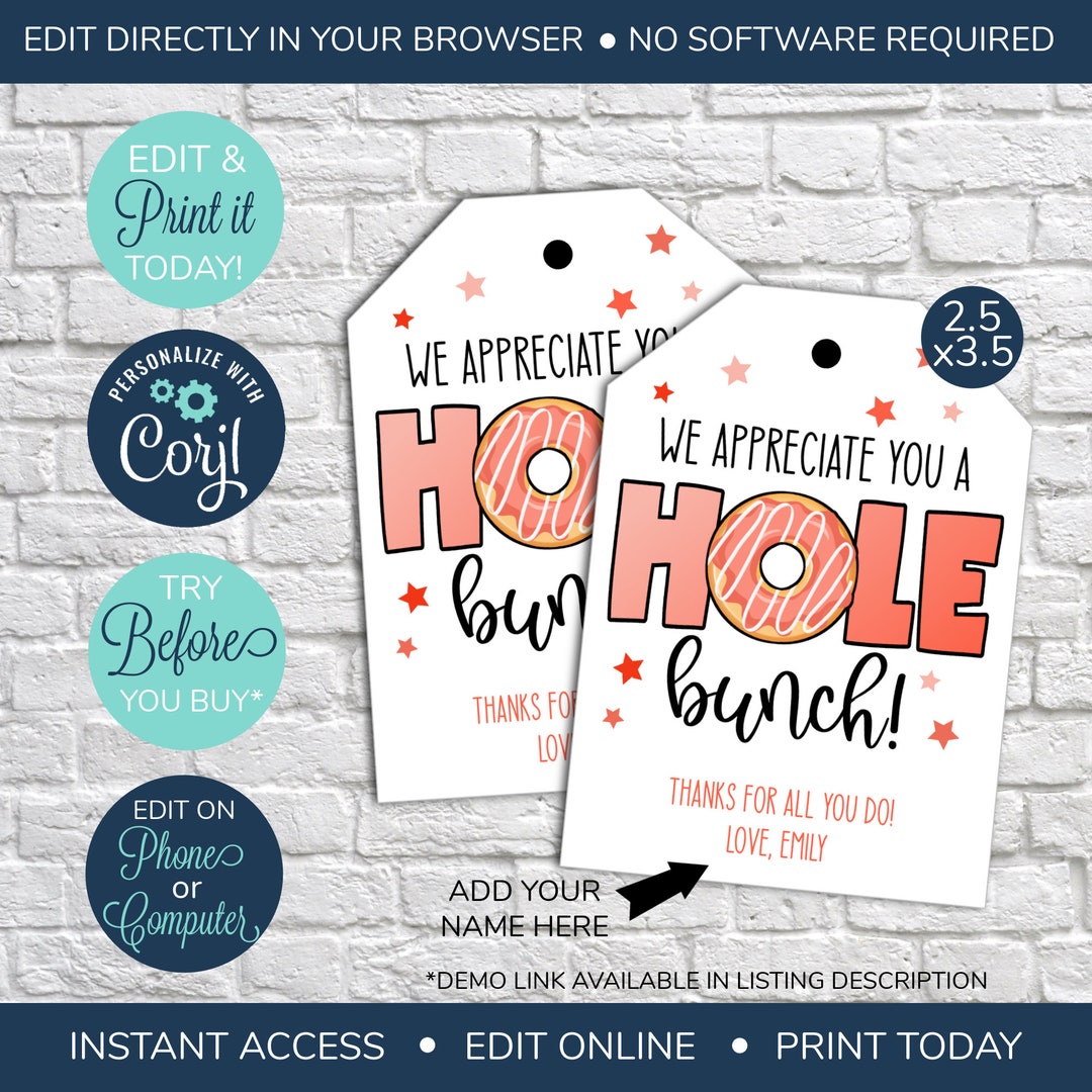 EDITABLE Donut Thank You Tags, Teacher Gift Tags, Appreciate You a Hole ...