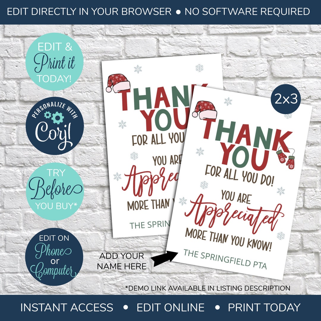 EDITABLE Christmas Appreciation Gift Tag, Teacher Staff Employee School ...