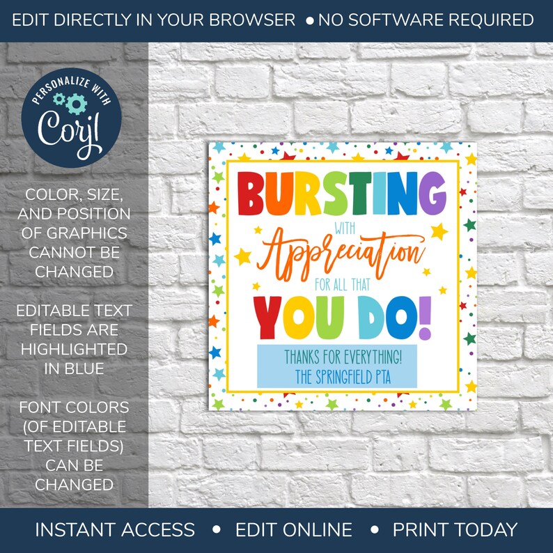 EDITABLE Bursting With Appreciation Gift Tag Thank You - Etsy