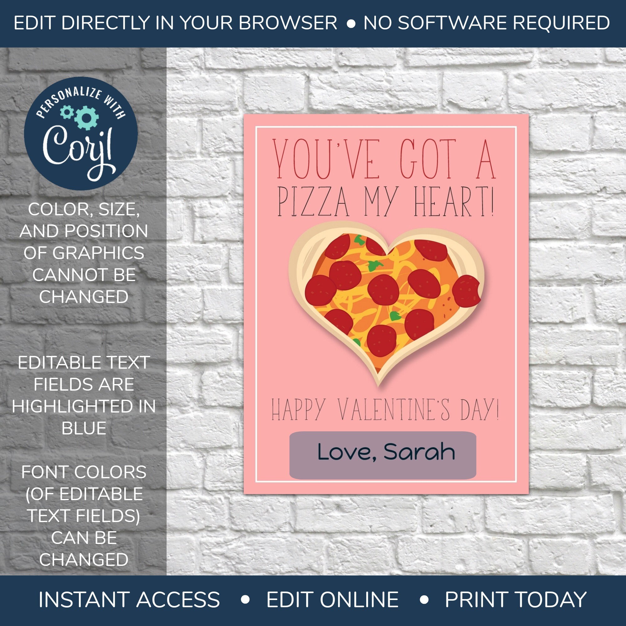 EDITABLE Classroom Valentine's Day Cards, Pizza My Heart, Pizza ...