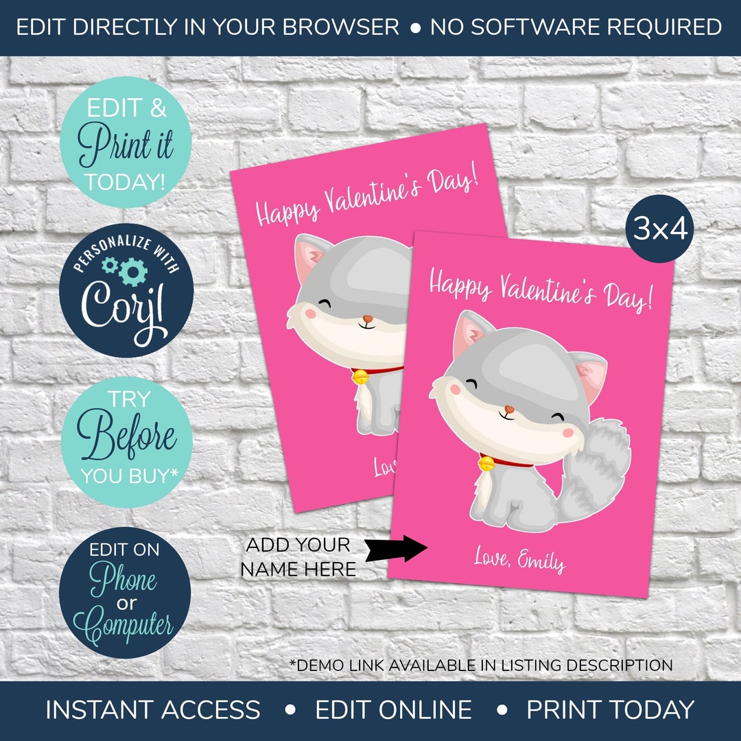 EDITABLE Classroom Valentine's Day Cards, Cute Cat Valentine, Cat ...