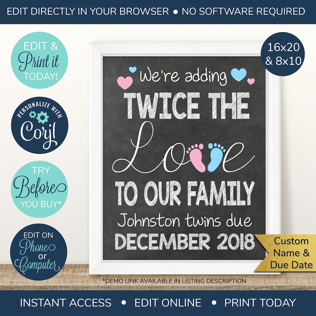 EDITABLE Twins Pregnancy Announcement, We're Adding Twice the Love ...