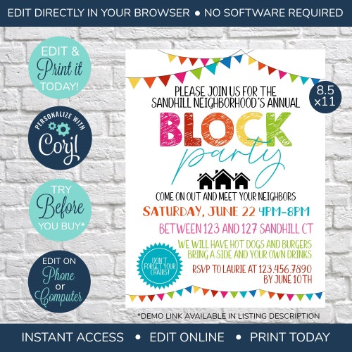 EDITABLE Neighborhood Block Party Invite Bbq Picnic Summer - Etsy