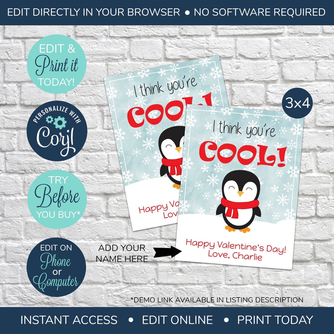 EDITABLE Classroom Valentine's Day Cards, You're Cool, Penguin ...