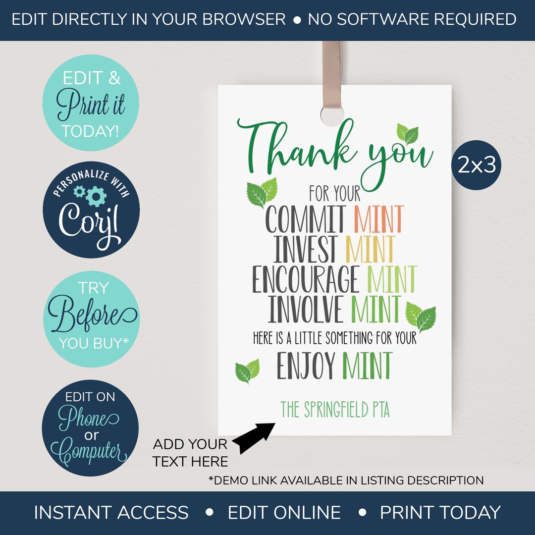 EDITABLE Mint Appreciation Gift Tag, Teacher Staff Employee School ...