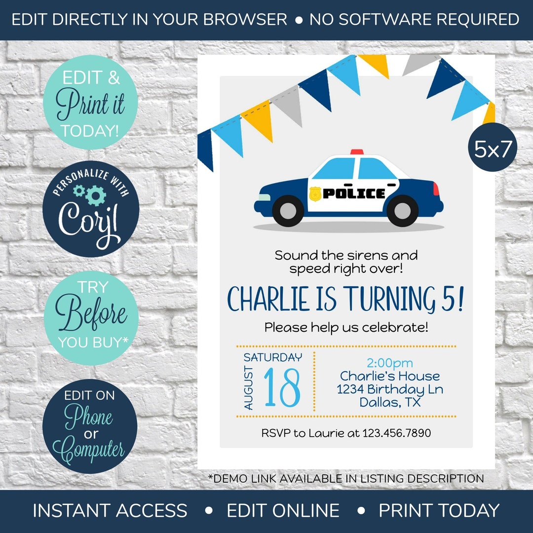 EDITABLE Police Car Birthday Invitation, Birthday Party Invitation ...