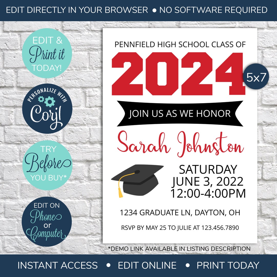 EDITABLE Red Class of 2024, Graduation Open House Invitation ...