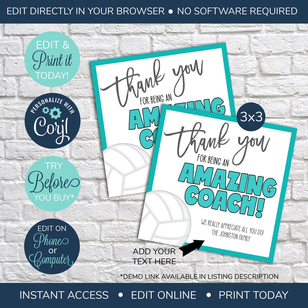 EDITABLE Volleyball Coach Appreciation Gift Tag, Coach Gift Tag ...