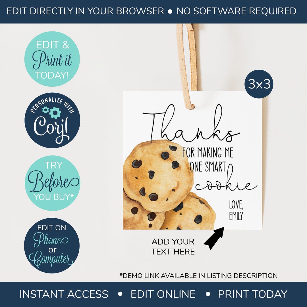 EDITABLE One Smart Cookie Tags, Printable Thank You for Making Me One ...