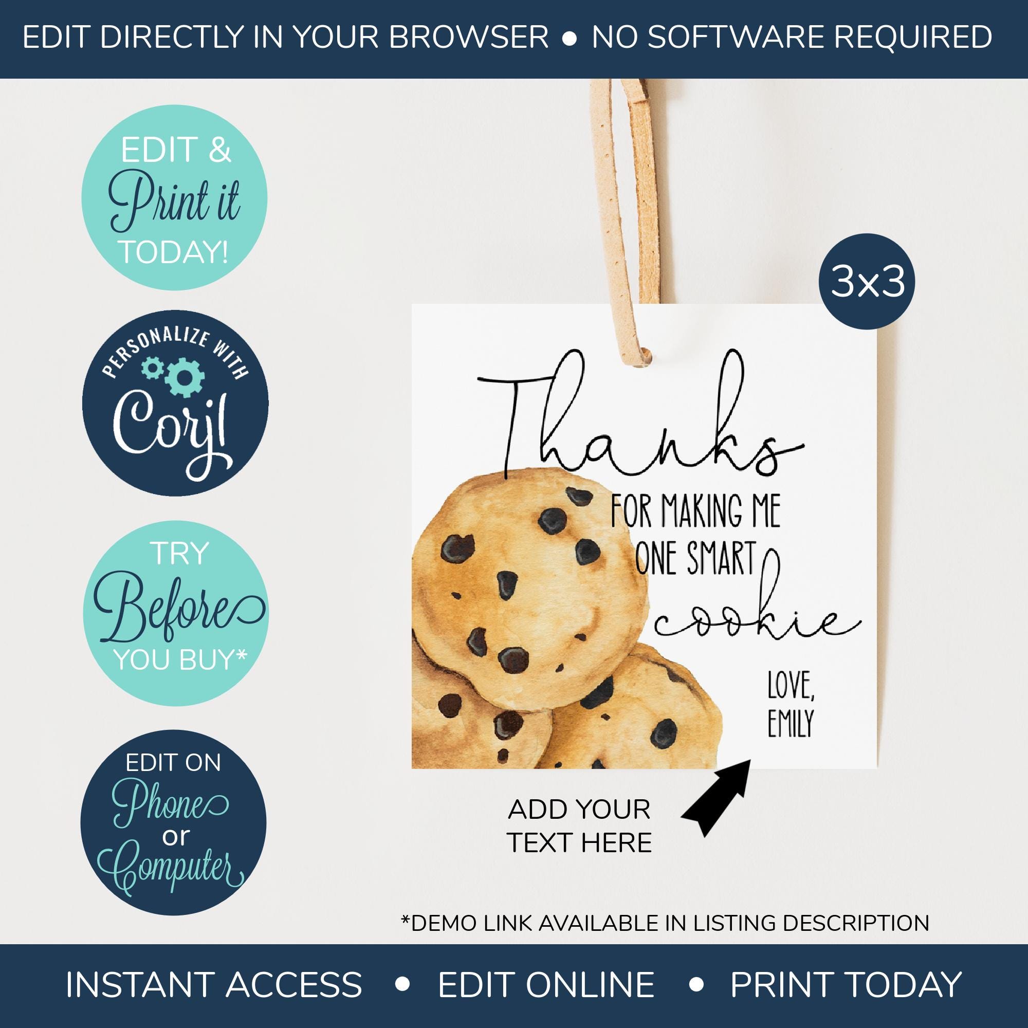 EDITABLE One Smart Cookie Tags, Printable Thank You for Making Me One ...